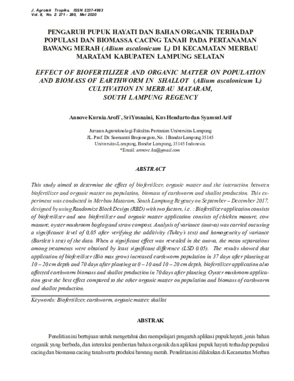 (PDF) PENGARUH PUPUK HAYATI DAN BAHAN ORGANIK TERHADAP POPULASI DAN BIOMASSA CACING TANAH PADA ...