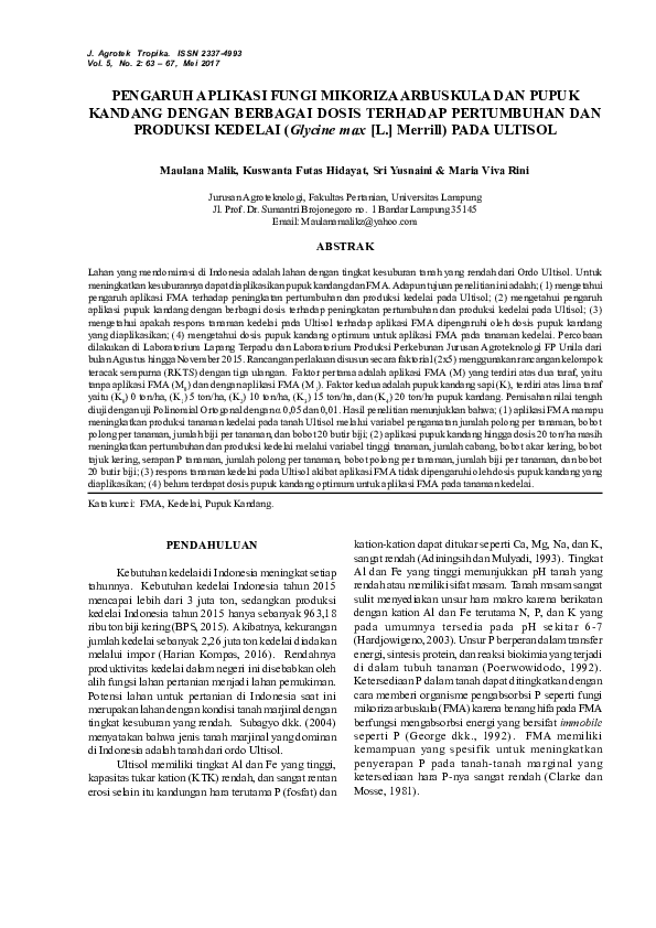 (PDF) PENGARUH APLIKASI FUNGI MIKORIZA ARBUSKULA DAN PUPUK KANDANG DENGAN BERBAGAI DOSIS ...