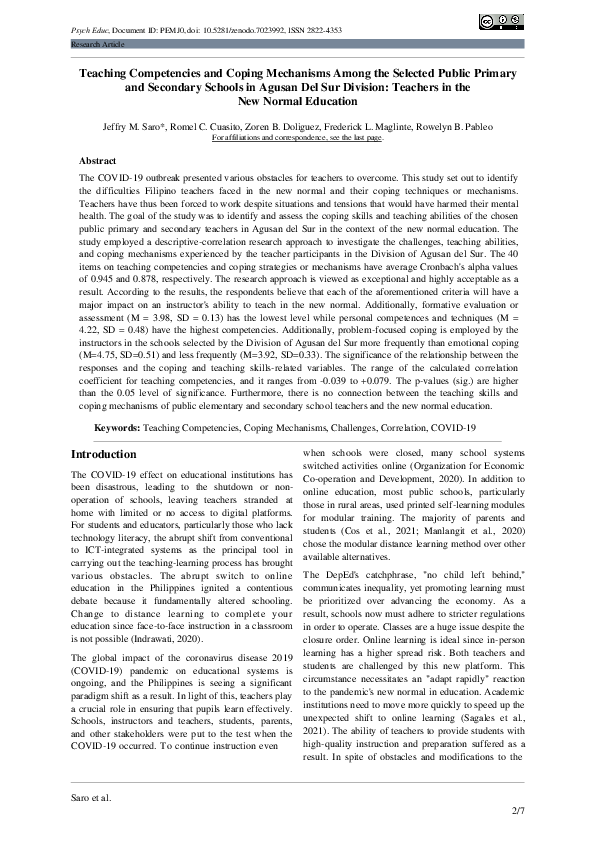 (PDF) Teaching Competencies and Coping Mechanisms Among the Selected Public Primary and ...