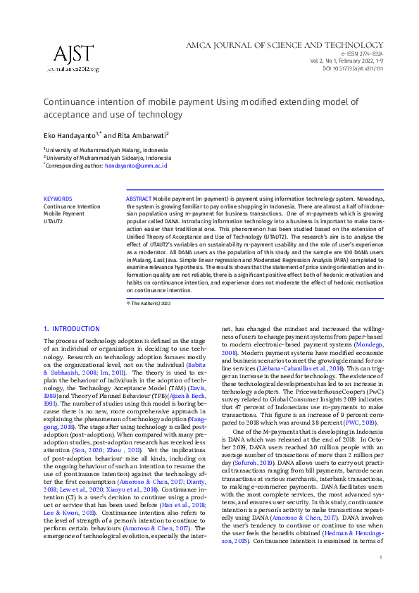 (PDF) Continuance intention of mobile payment Using modified extending model of acceptance and ...