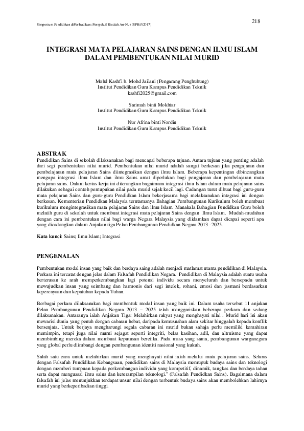 (PDF) Integrasi Mata Pelajaran Sains Dengan Ilmu Islam Dalam Pembentukan Nilai Murid