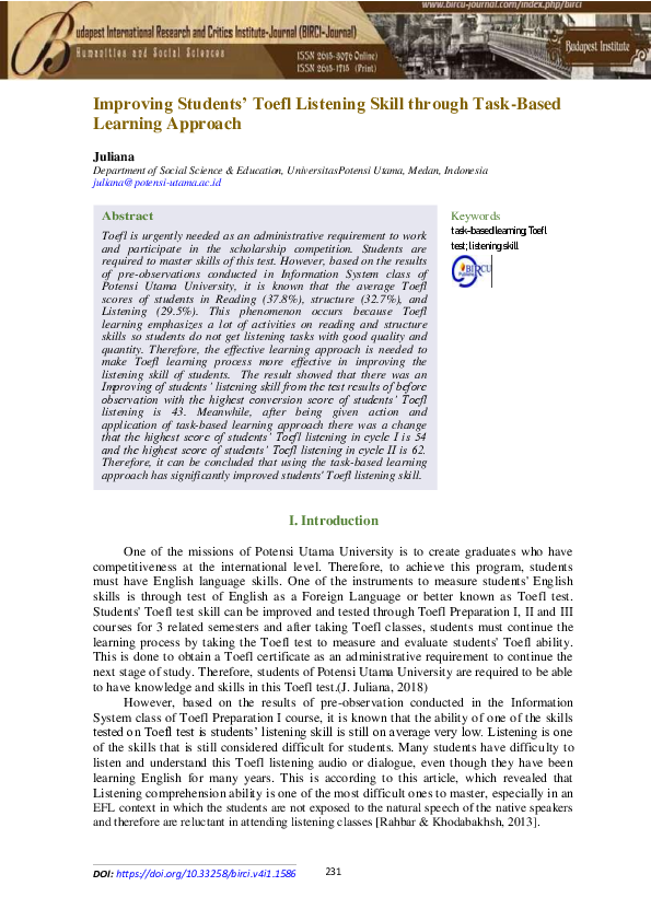 (PDF) Improving Students' Toefl Listening Skill through Task-Based Learning Approach