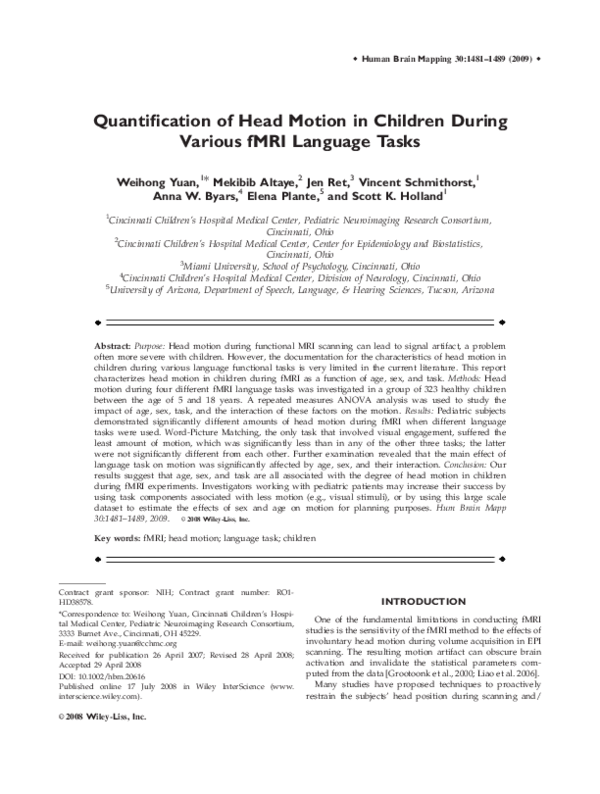 (PDF) Quantification of head motion in children during various fMRI language tasks