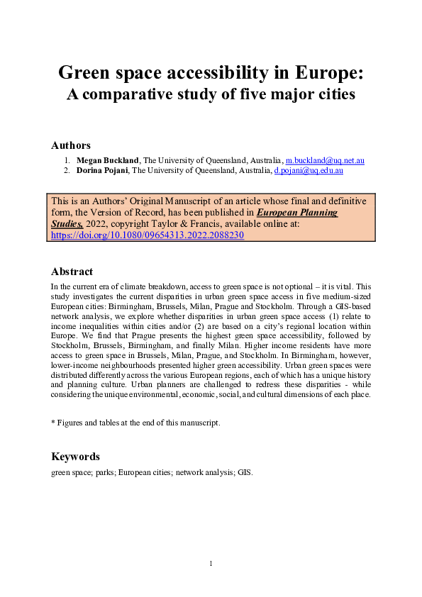 (PDF) Green space accessibility in Europe: A comparative study of five major cities | Dorina ...