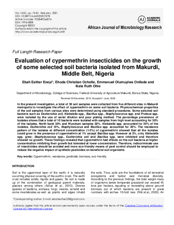 (PDF) Evaluation of cypermethrin insecticides on the growth of some selected soil bacteria ...