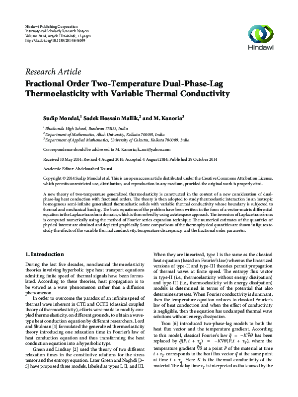 Pdf Fractional Order Two Temperature Dual Phase Lag Thermoelasticity