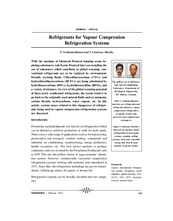 (PDF) Refrigerants for vapour compression refrigeration systems
