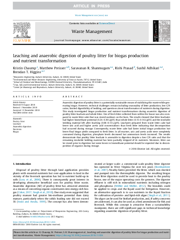 (PDF) Leaching and anaerobic digestion of poultry litter for biogas ...