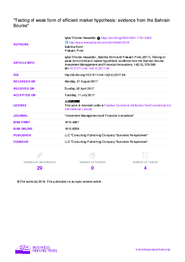 (PDF) Testing of weak form of efficient market hypothesis: evidence ...