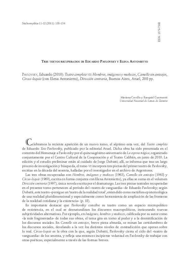 (PDF) Stichomythia 11-12 (2011): 133-134 Tres TexTos recuperados de ...