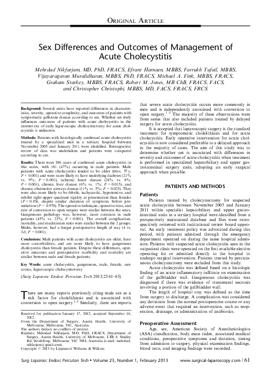 Pdf Sex Differences And Outcomes Of Management Of Acute Cholecystitis
