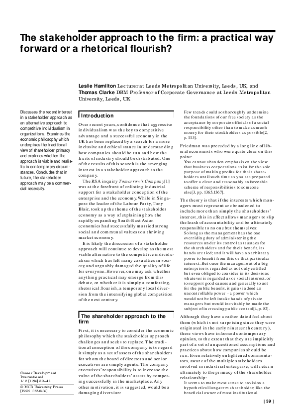(PDF) The stakeholder approach to the firm: a practical way forward or a rhetorical flourish?