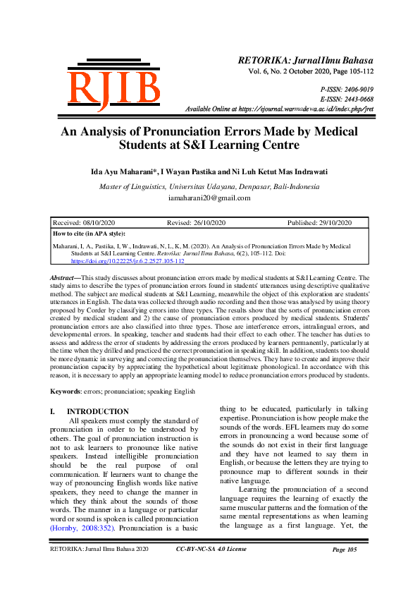 (PDF) An Analysis of Pronunciation Errors Made by Medical Students at S ...