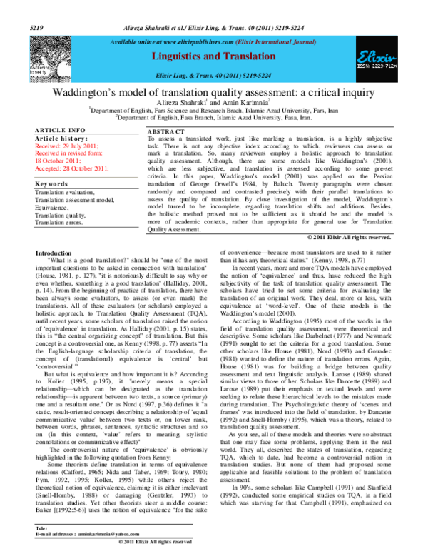 (PDF) Waddington’s model of translation quality assessment: a critical ...