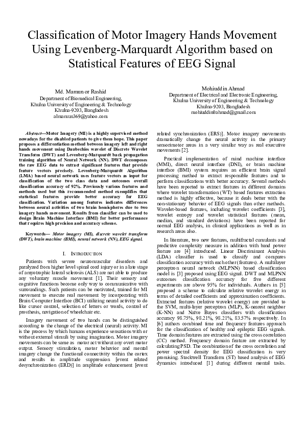 Pdf Classification Of Motor Imagery Hands Movement Using Levenberg