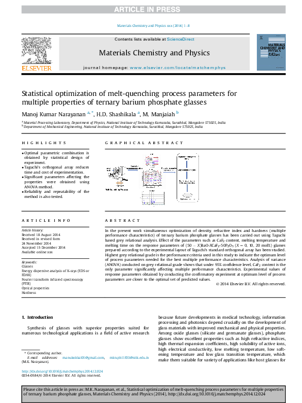 (PDF) Statistical optimization of melt-quenching process parameters for ...