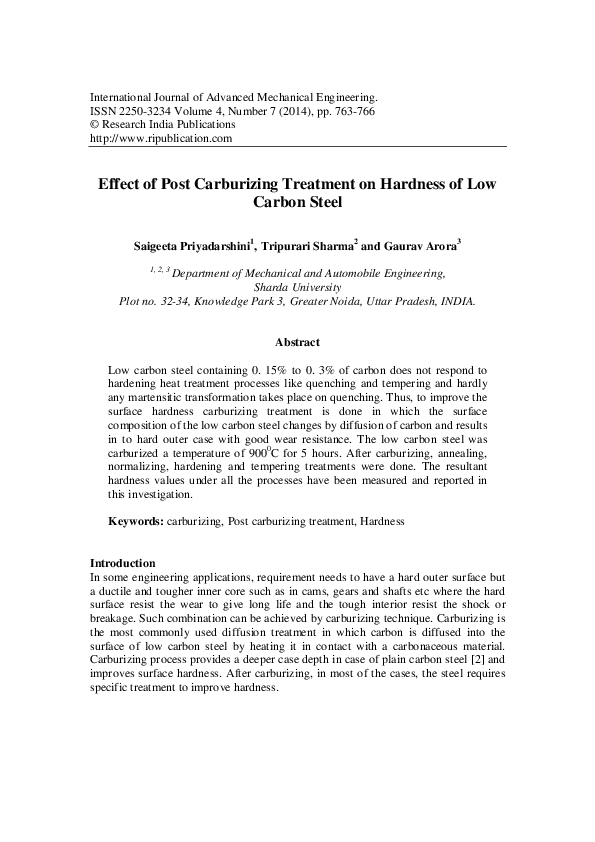 (PDF) Effect of Post Carburizing Treatment on Hardness of Low Carbon Steel
