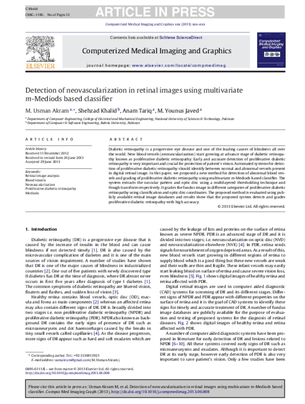 (PDF) Detection of neovascularization in retinal images using multivariate m-Mediods based ...