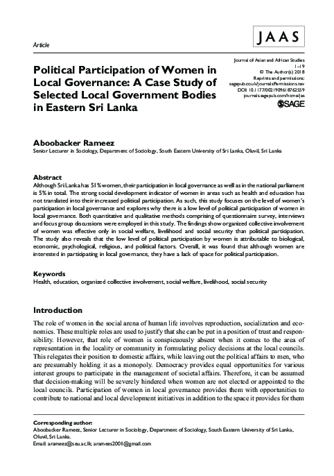 (PDF) Political Participation of Women in Local Governance: A Case ...