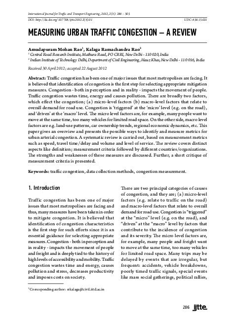 Pdf Measuring Urban Traffic Congestion A Review