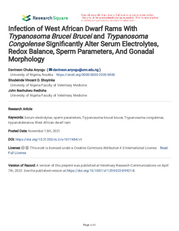 (PDF) Infection of West African Dwarf Rams With Trypanosoma Brucei ...
