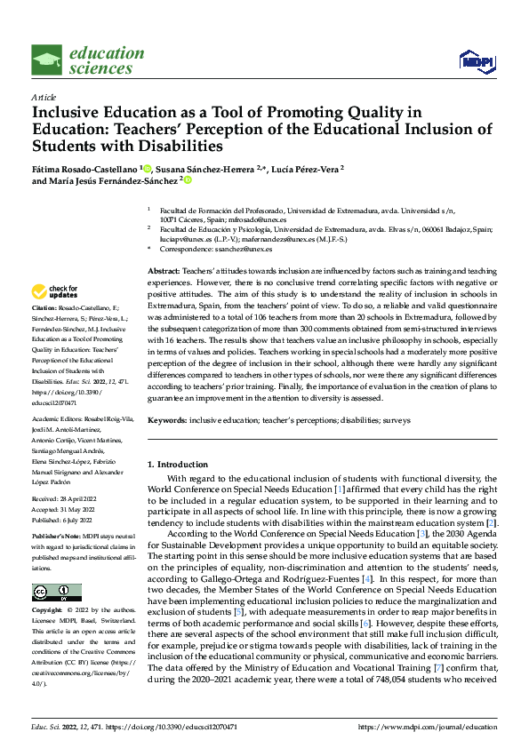 (PDF) Inclusive Education as a Tool of Promoting Quality in Education: Teachers' Perception of ...