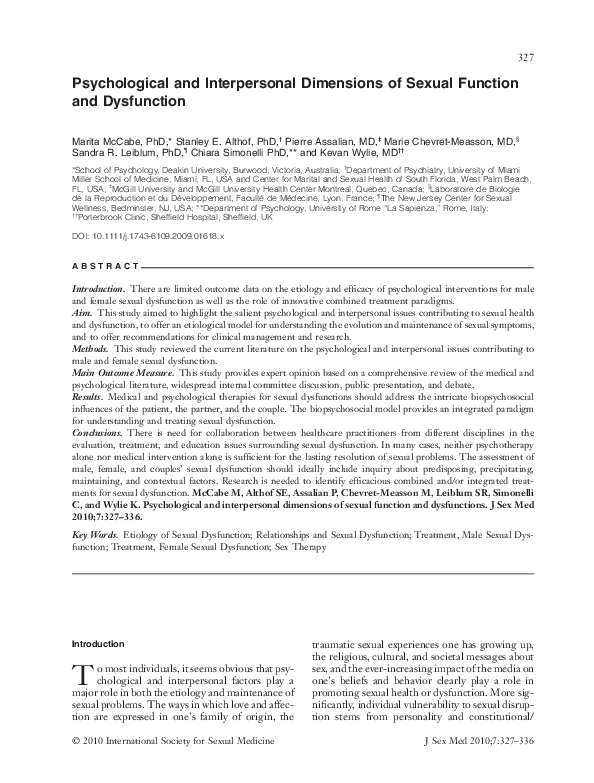 Pdf Psychological And Interpersonal Dimensions Of Sexual Function And Dysfunction