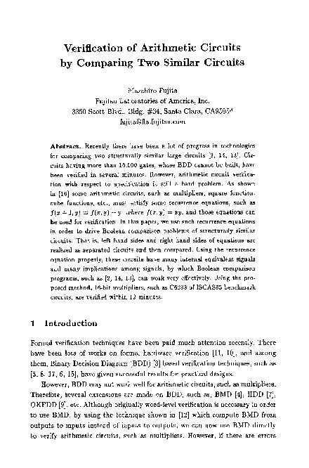 Pdf Verification Of Arithmetic Circuits By Comparing Two Similar Circuits Masahiro Fujita