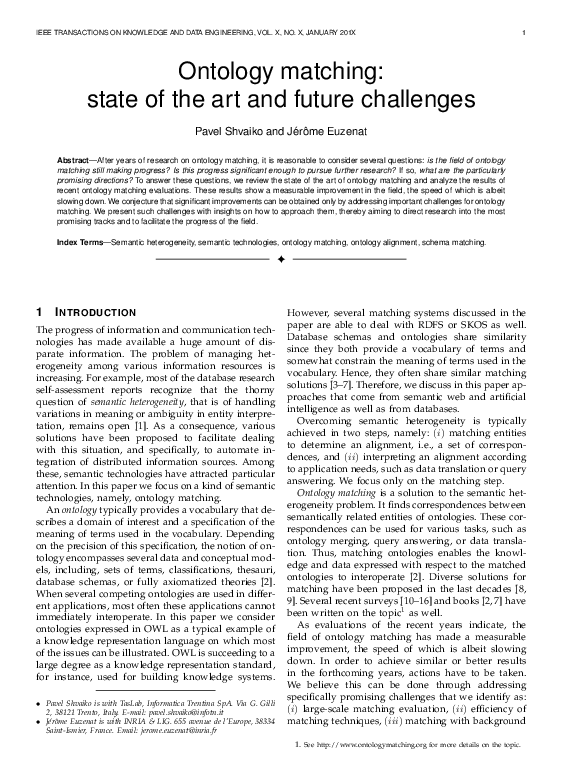 (PDF) Ontology Matching: State of the Art and Future Challenges