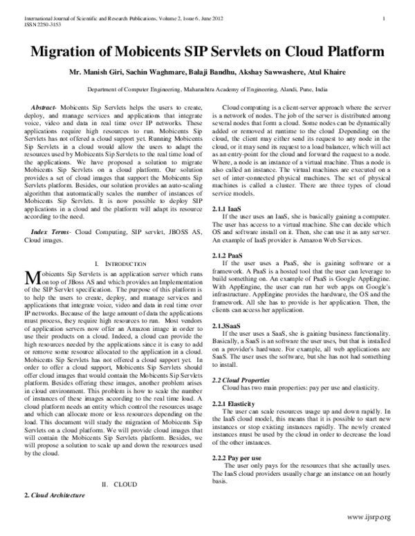 (PDF) Migration of Mobicents SIP Servlets on Cloud Platform | Manish Giri - Academia.edu