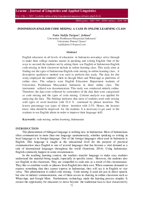 (PDF) INDONESIAN-ENGLISH CODE MIXING: A CASE IN ONLINE LEARNING CLASS