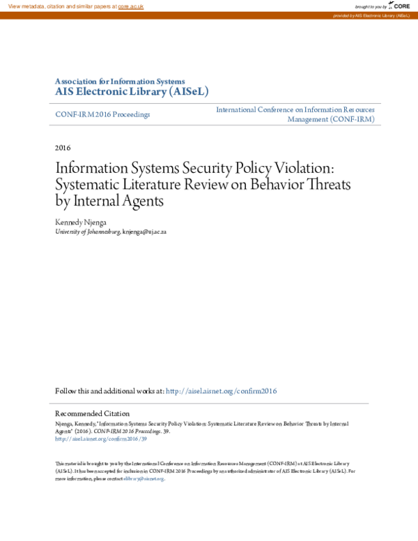Pdf Information Systems Security Policy Violation Systematic Literature Review On Behavior