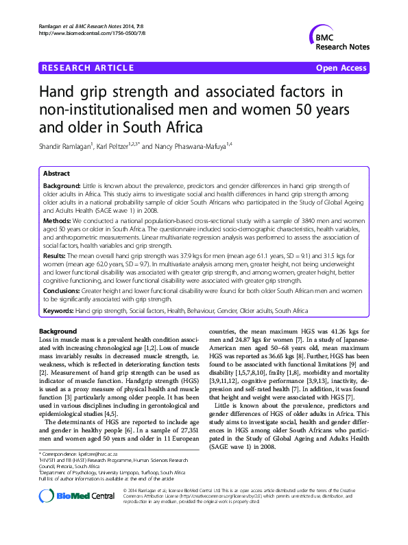 (PDF) Hand grip strength and associated factors in non ...