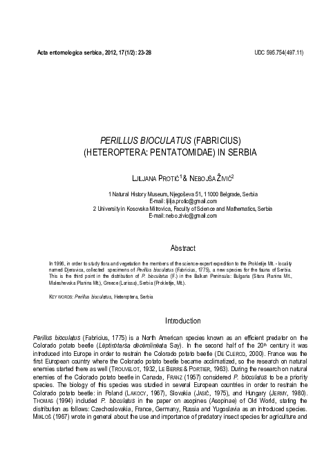 (PDF) Perillus Bioculatus (Fabricius) (Heteroptera: Pentatomidae) in Serbia