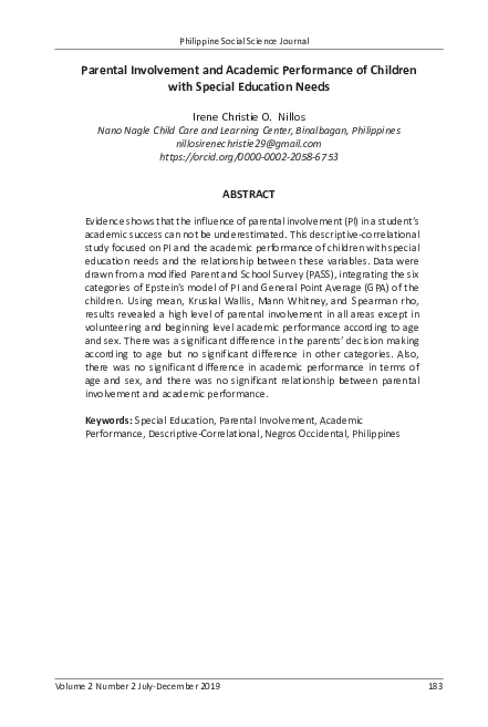 (PDF) Parental Involvement and Academic Performance of Children with ...