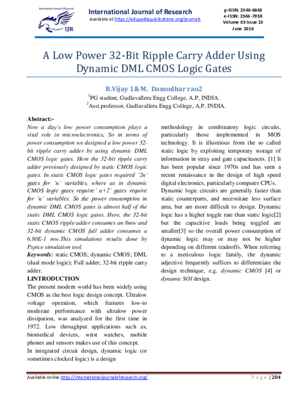 (PDF) A Low Power 32-Bit Ripple Carry Adder Using Dynamic DML CMOS ...