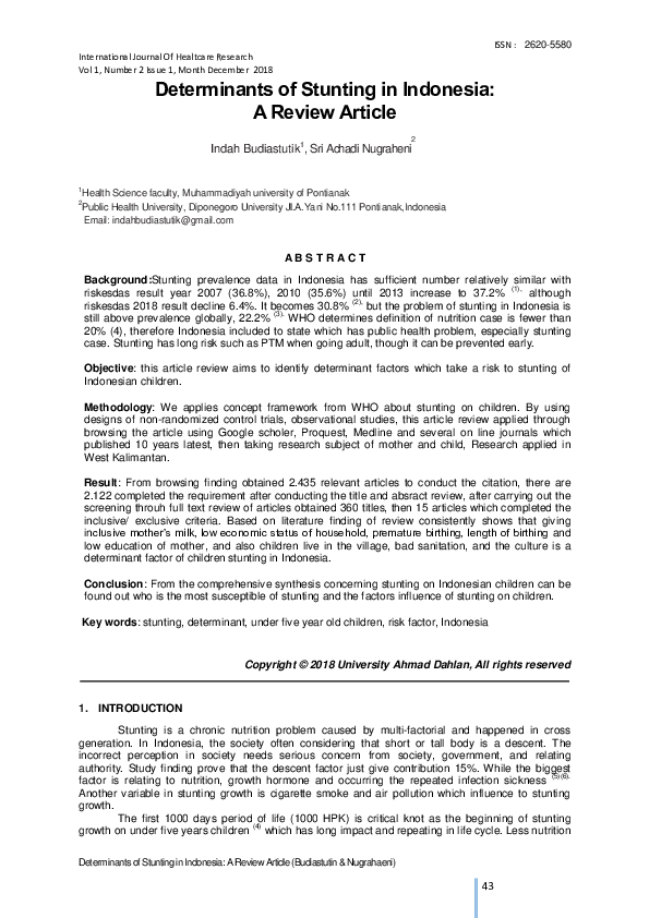 Pdf Determinant Of Stunting In Indonesia A Review Article