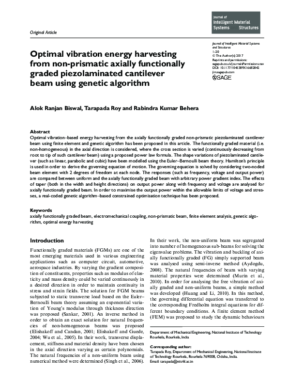 Pdf Optimal Vibration Energy Harvesting From Non Prismatic Axially