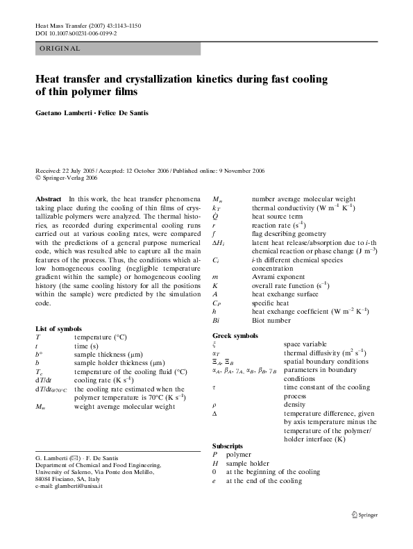 Pdf Heat Transfer And Crystallization Kinetics During Fast Cooling Of