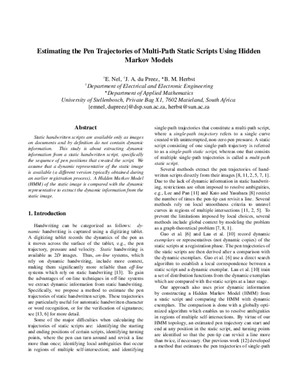 (PDF) Estimating the pen trajectories of multi-path static scripts using hidden Markov models