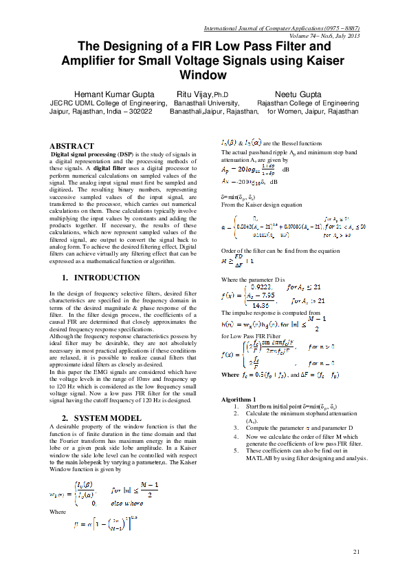 Pdf The Designing Of A Fir Low Pass Filter And Amplifier For Small Voltage Signals Using