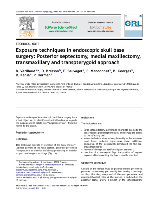 (PDF) Exposure techniques in endoscopic skull base surgery: posterior septectomy, medial ...