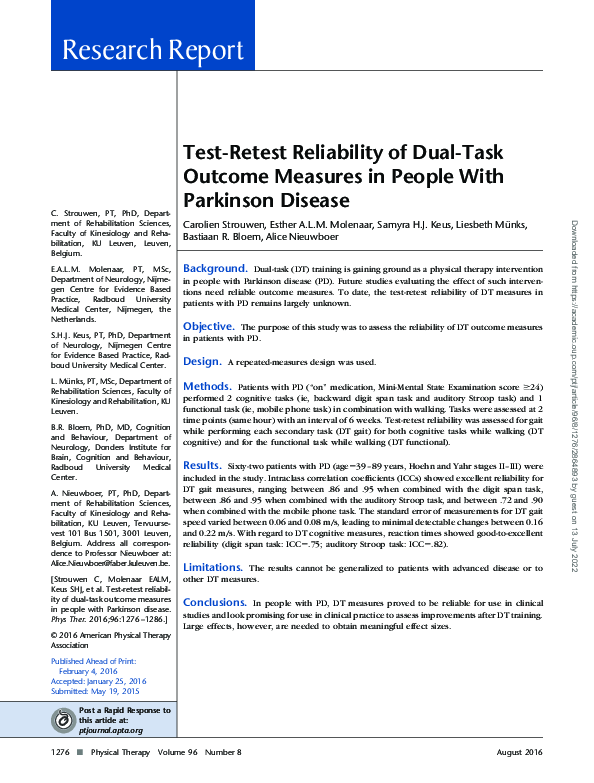 Pdf Test Retest Reliability Of Dual Task Outcome Measures In People
