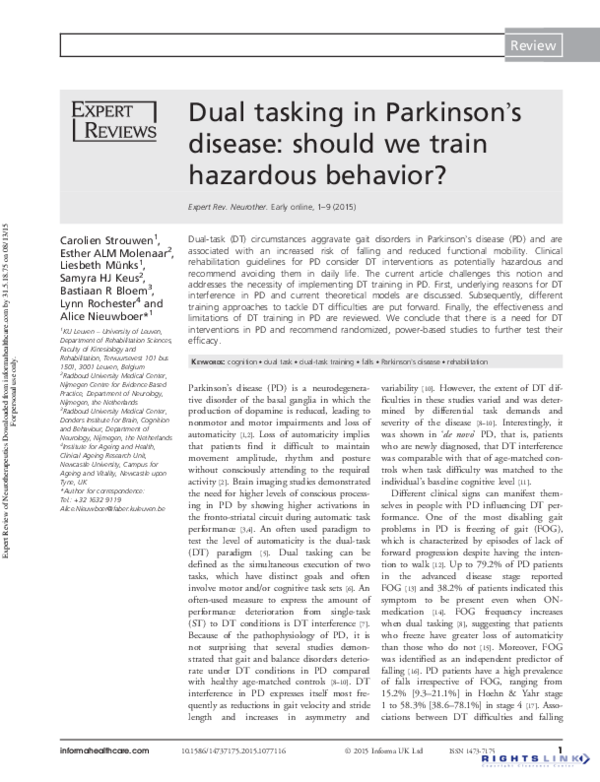 (PDF) Dual tasking in Parkinson's disease: should we train hazardous ...
