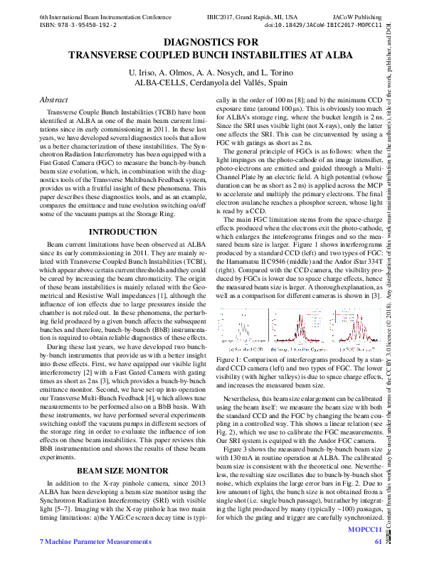 (PDF) Diagnostics for Transverse Coupled Bunch Instabilities at ALBA