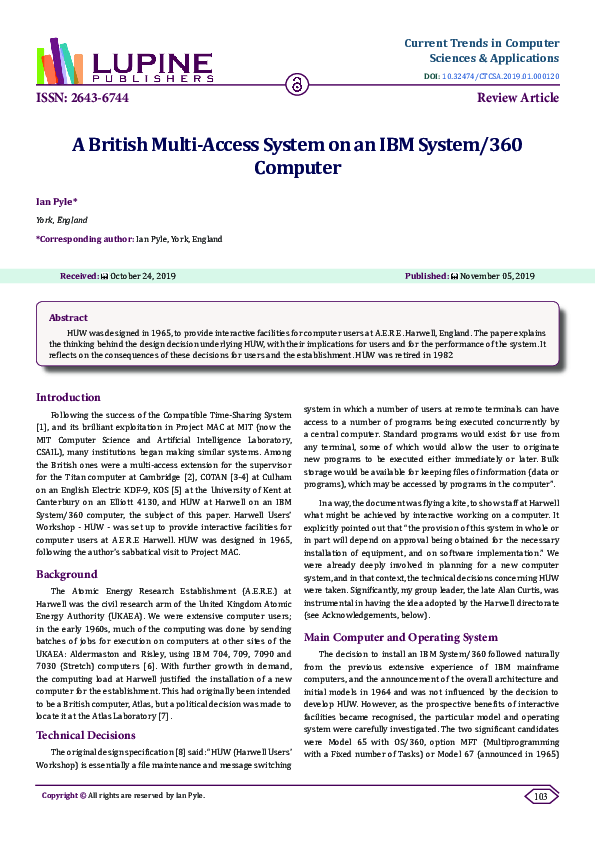 (PDF) A British Multi-Access System on an IBM System/360 Computer
