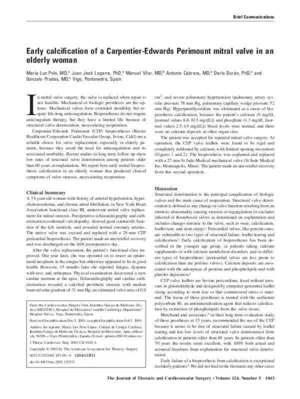 (PDF) Early calcification of a Carpentier-Edwards Perimount mitral ...
