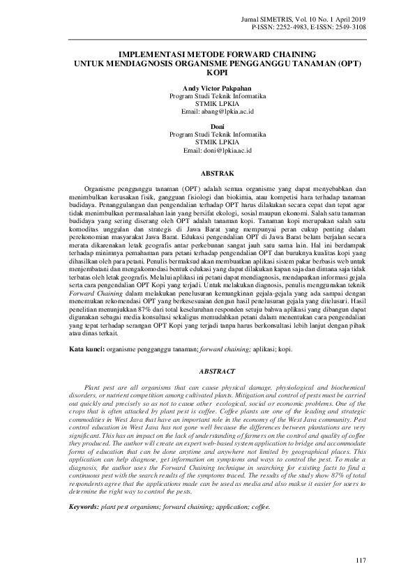 (PDF) Implementasi Metode Forward Chaining Untuk Mendiagnosis Organisme Pengganggu Tanaman (Opt ...