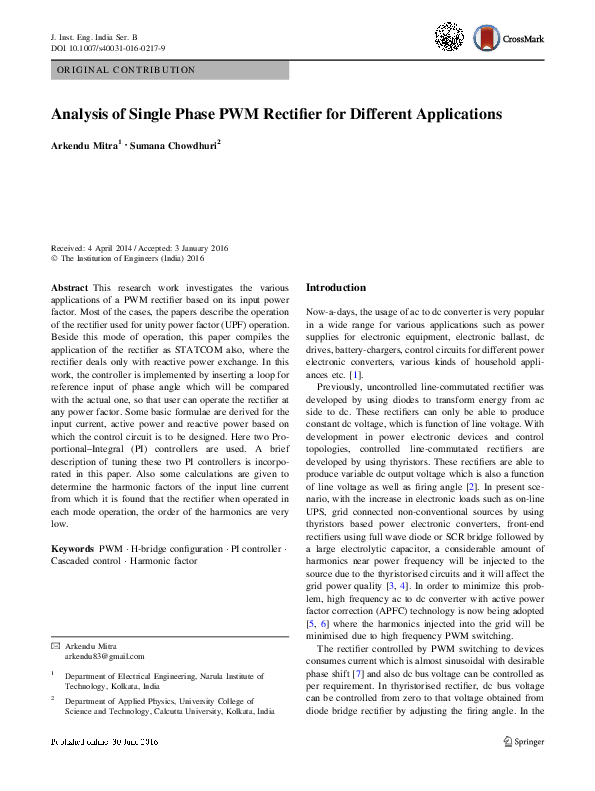 Pdf Analysis Of Single Phase Pwm Rectifier For Different Applications 