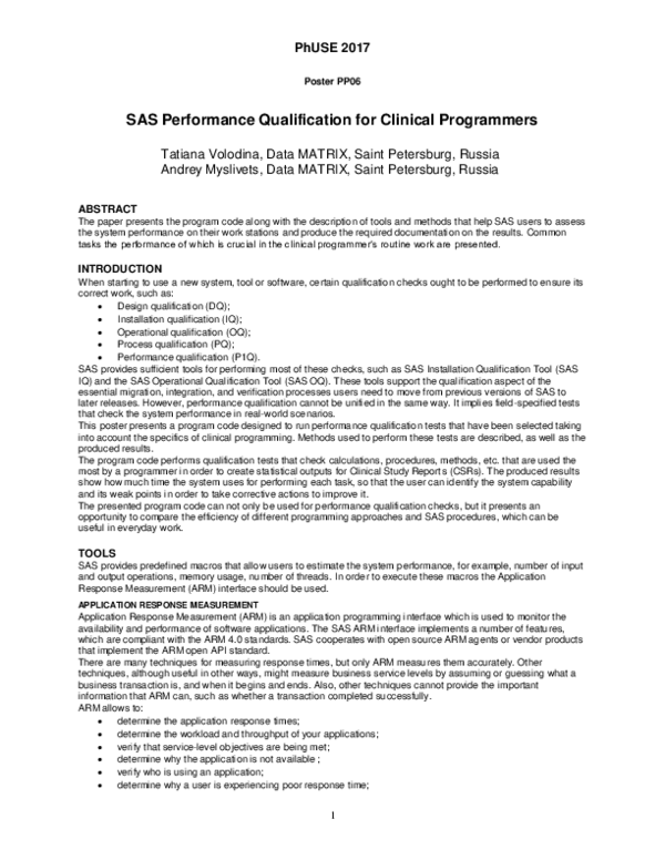 (PDF) SAS Performance Qualification for Clinical Programmers